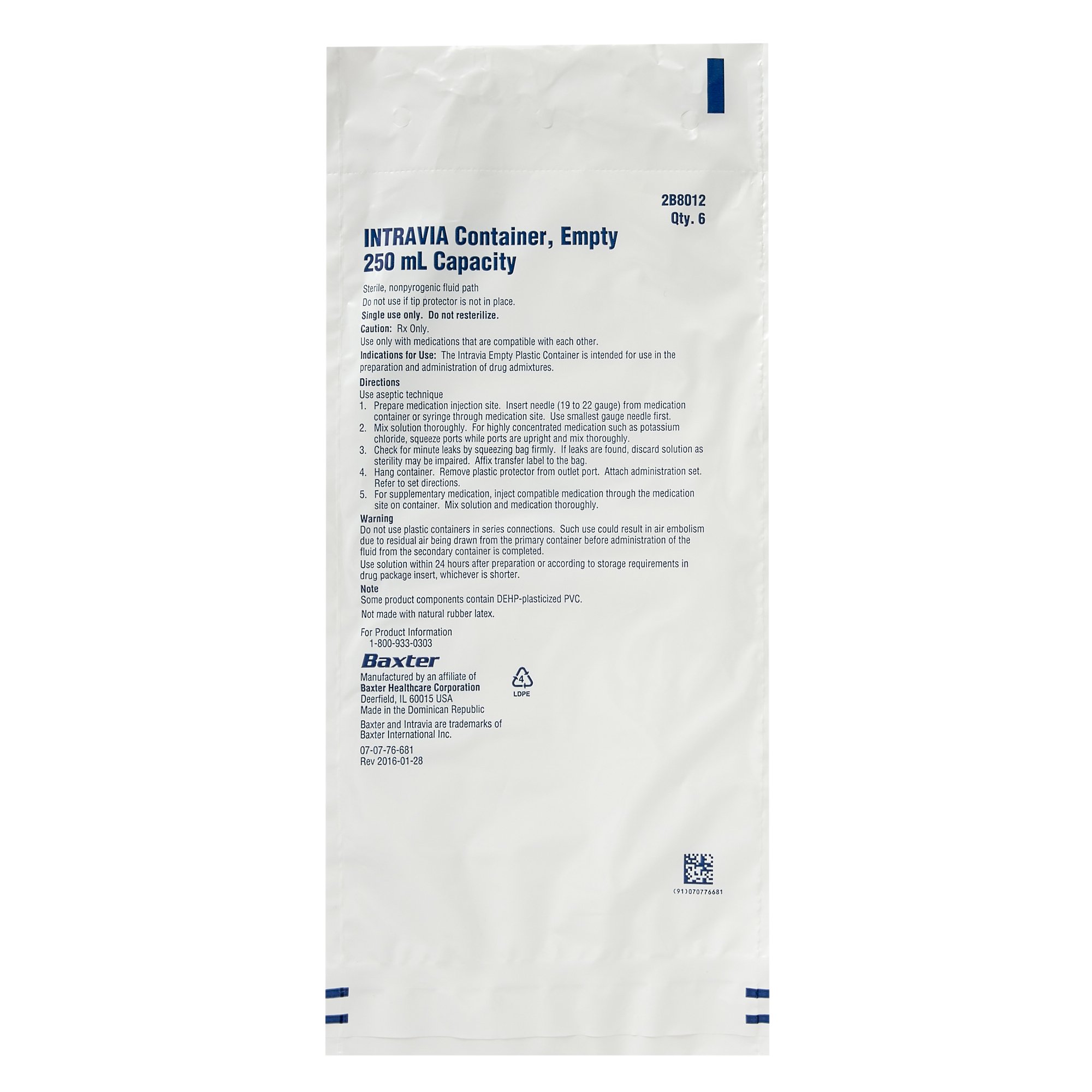 Baxter Intravia Medication Delivery Bag, Sterile, 250 ml 2B8012