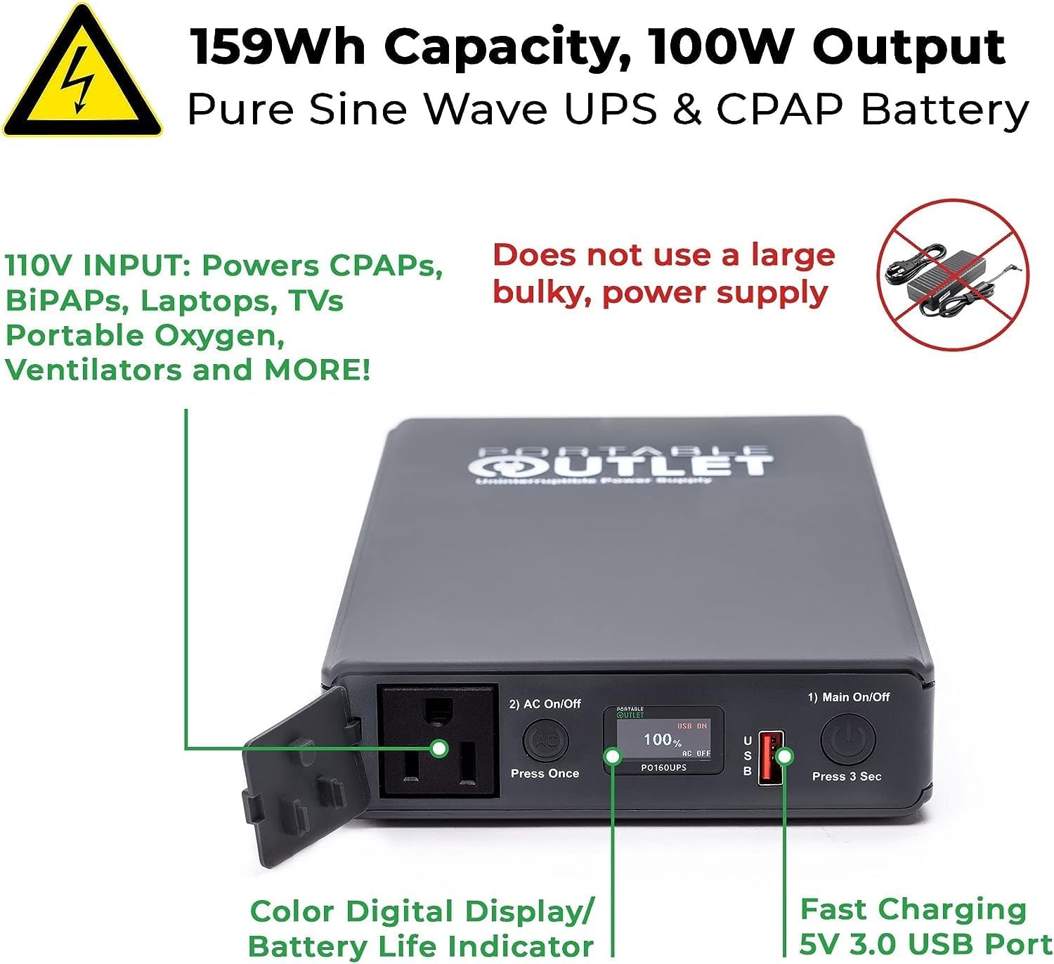 Portable Outlet Portable Outlet Rechargeable CPAP Battery PO-160UPSv2