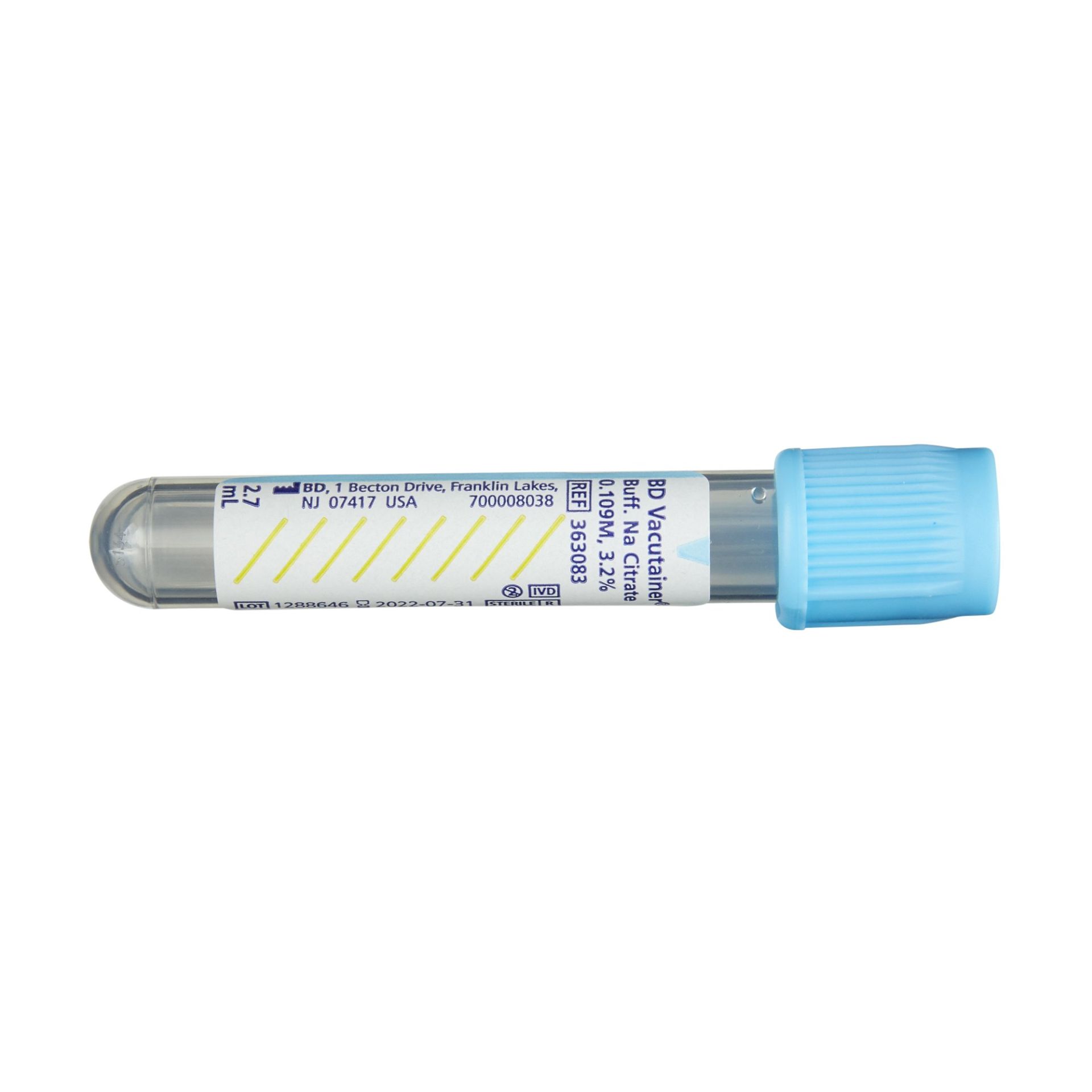 BD Vacutainer Citrate Plastic Tube, 13 x 75 mm, 2.7mL, Light Blue 363083